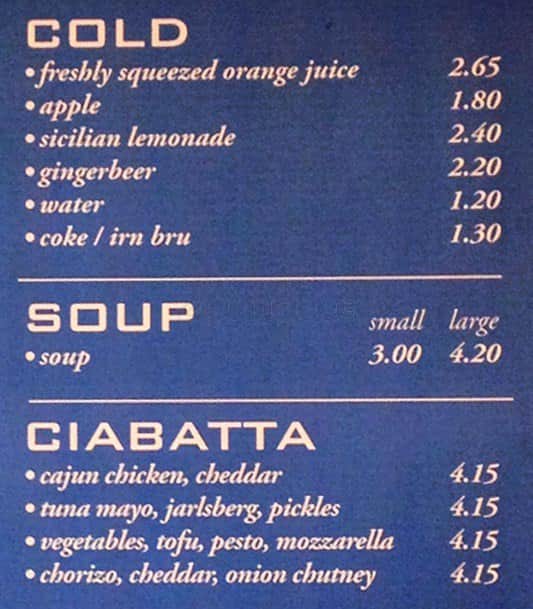 Menu at Press Coffee cafe, Edinburgh