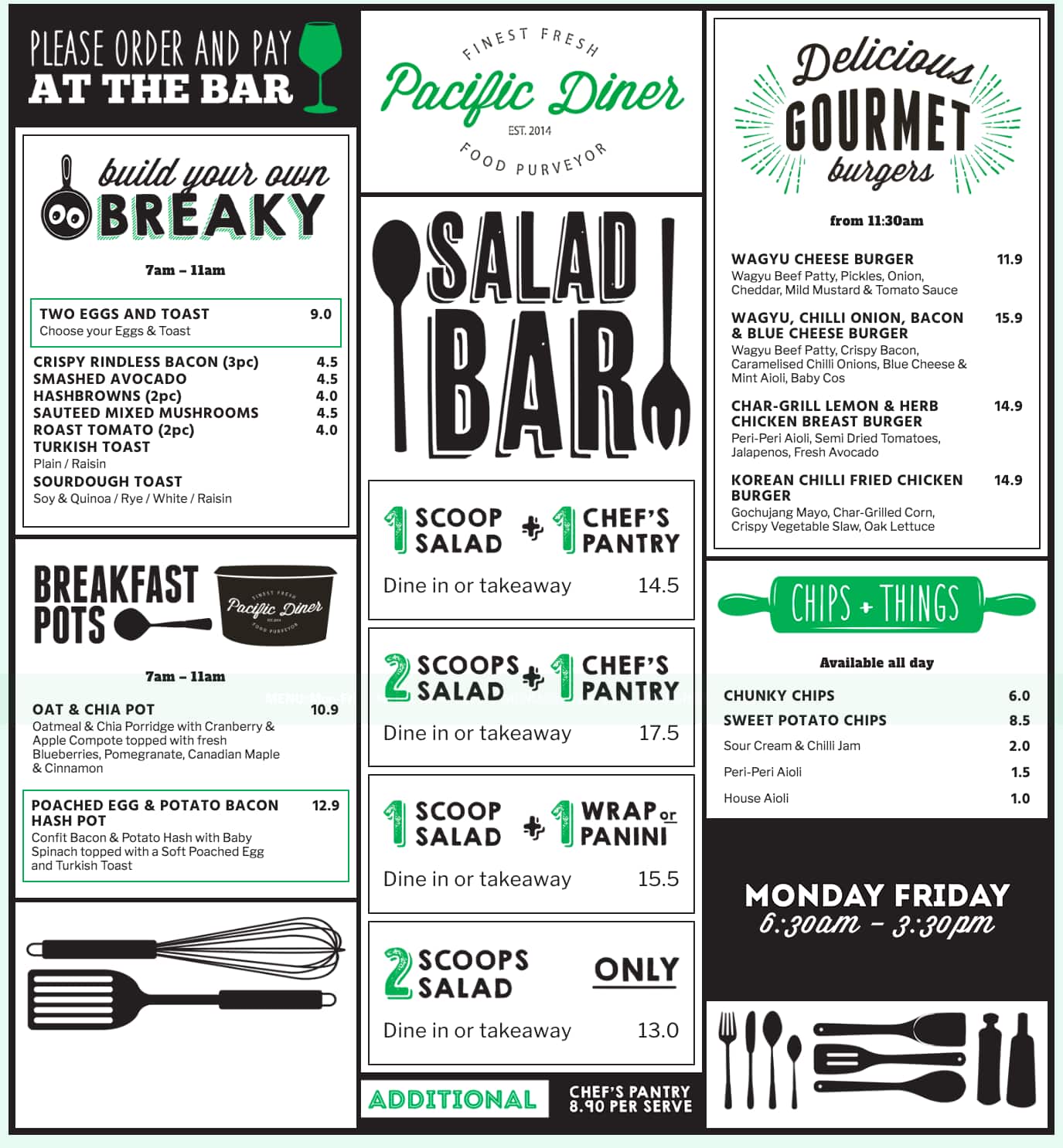 Menu at Pacific Diner cafe, St Leonards, 207 Pacific Hwy