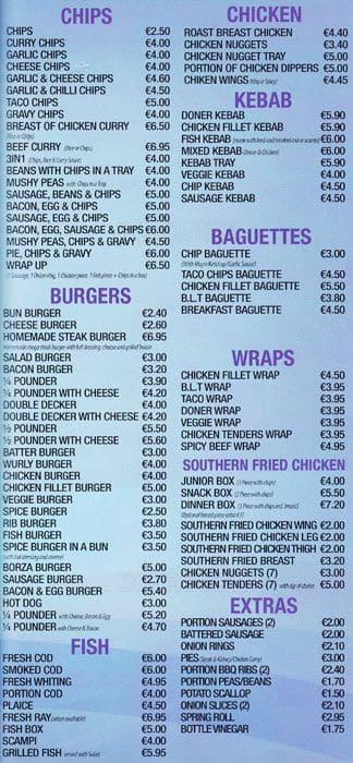 Menu at Borza, Balbriggan