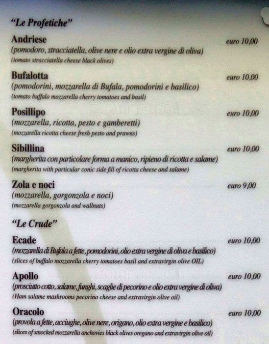 Menu at Ristorante Pizzeria L'antro della Sibilla, Milan, Via S. Gregorio