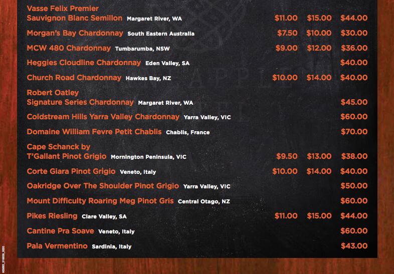 Carta de Park Bar, Kangaroo Point