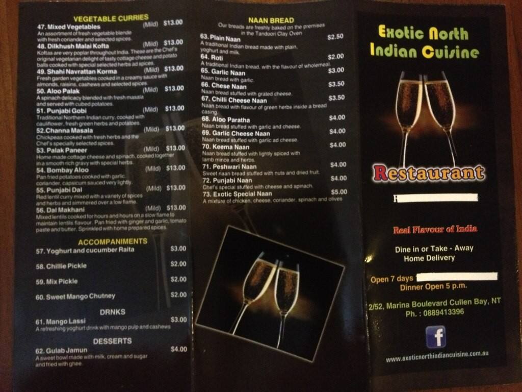 Menu at Exotic North Indian cuisine restaurant, Larrakeyah