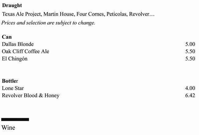 Menu at The Wild Detectives pub & bar, Dallas, 314 W Eighth St