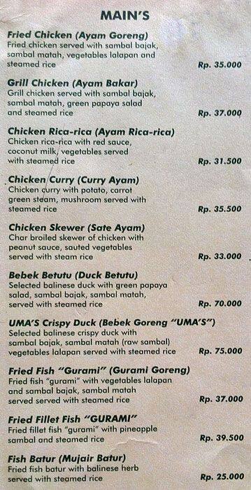 Menu at Warung Ubud Raya restaurant, Gianyar