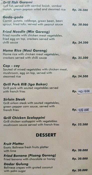 Menu at Warung Ubud Raya restaurant, Gianyar