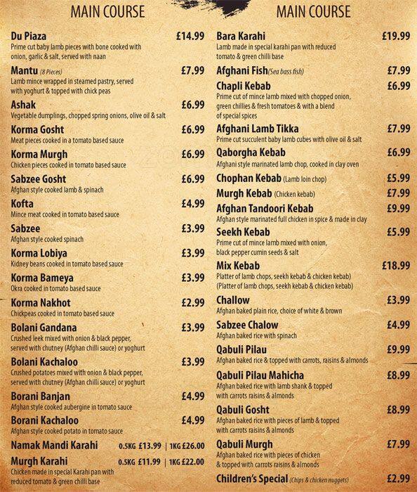 Menu at Afghan Spice restaurant, London, London Rd