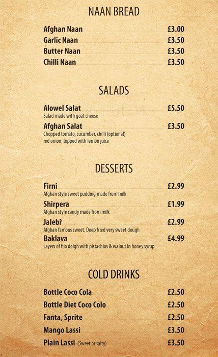 Menu at Afghan Spice restaurant, London, London Rd
