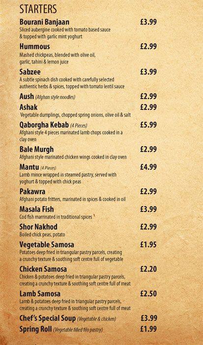 Menu at Afghan Spice restaurant, London, London Rd