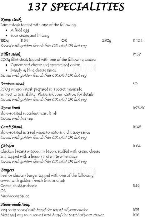 Menu at 137 High Street Restaurant, Grahamstown