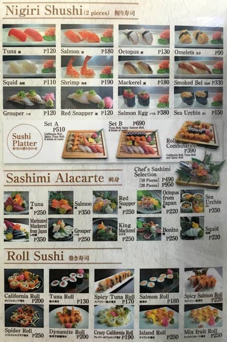 Menu at Azabu Sushi & Teppanyaki restaurant, Cebu City, Verandah