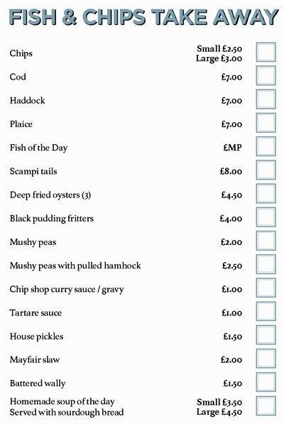 Menu at The Mayfair Chippy restaurant, London, 14 N Audley St