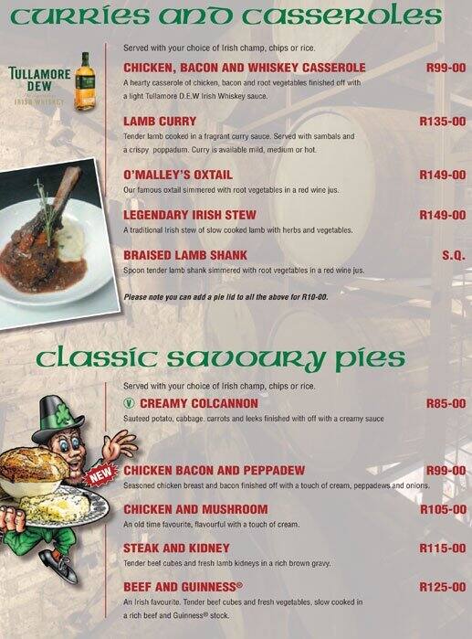 Menu at Brazen Head restaurant, Boksburg