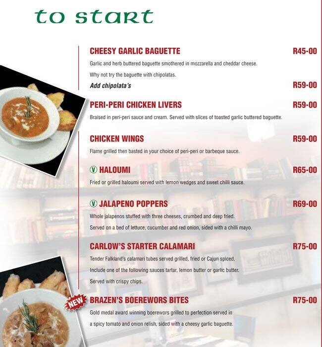 Menu at Brazen Head restaurant, Boksburg