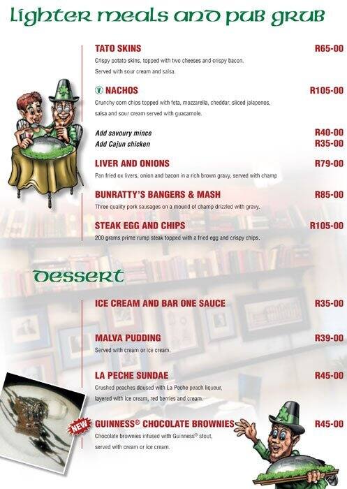 Menu at Brazen Head restaurant, Boksburg