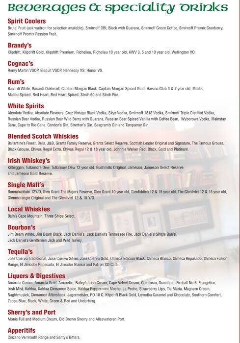 Menu at Brazen Head restaurant, Boksburg
