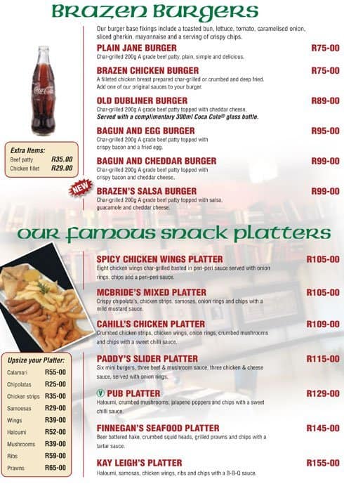 Menu at Brazen Head restaurant, Boksburg