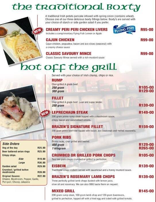 Menu at Brazen Head restaurant, Boksburg