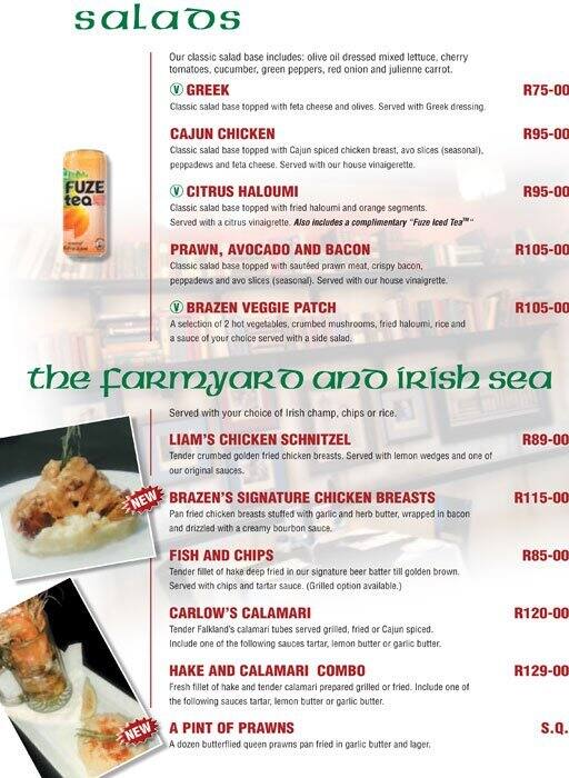 Menu at Brazen Head restaurant, Boksburg