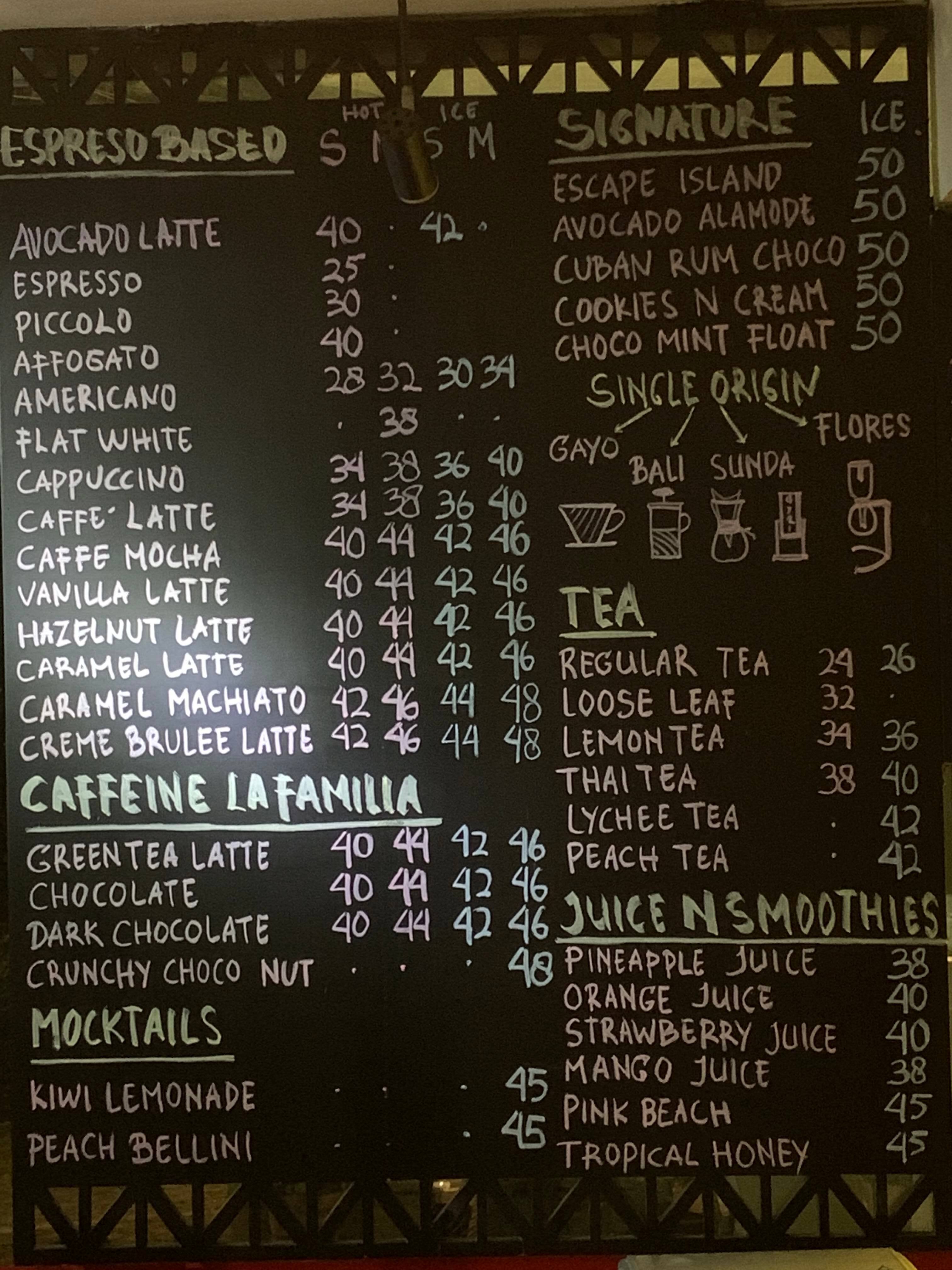 Menu at Escape Coffee cafe, Jakarta, Jl. Darmawangsa Raya No. 42