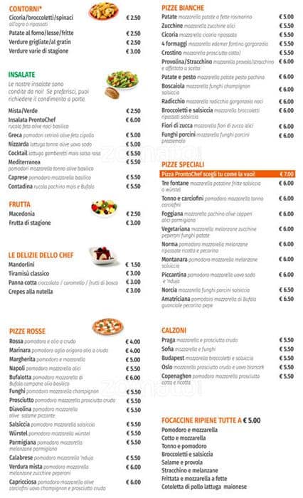 Menu at Pronto Chef pizzeria, Rome