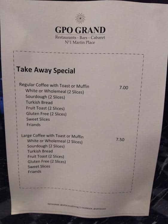 Menu at GPO Middle Bar, Sydney