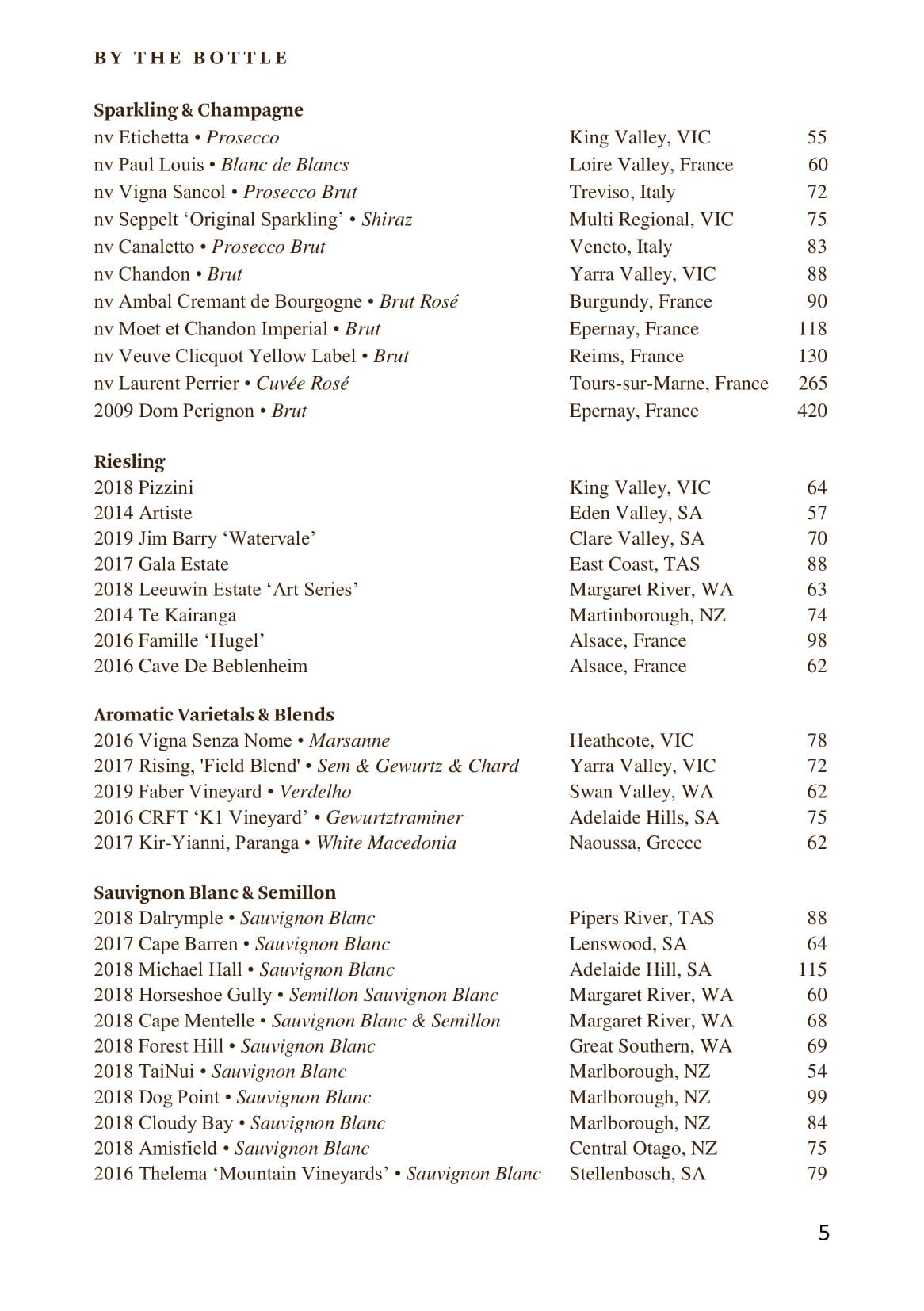 Menu at Pony restaurant, Brisbane City