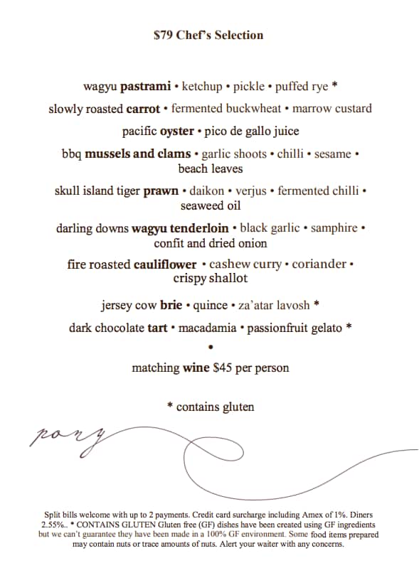 Menu at Pony restaurant, Brisbane City