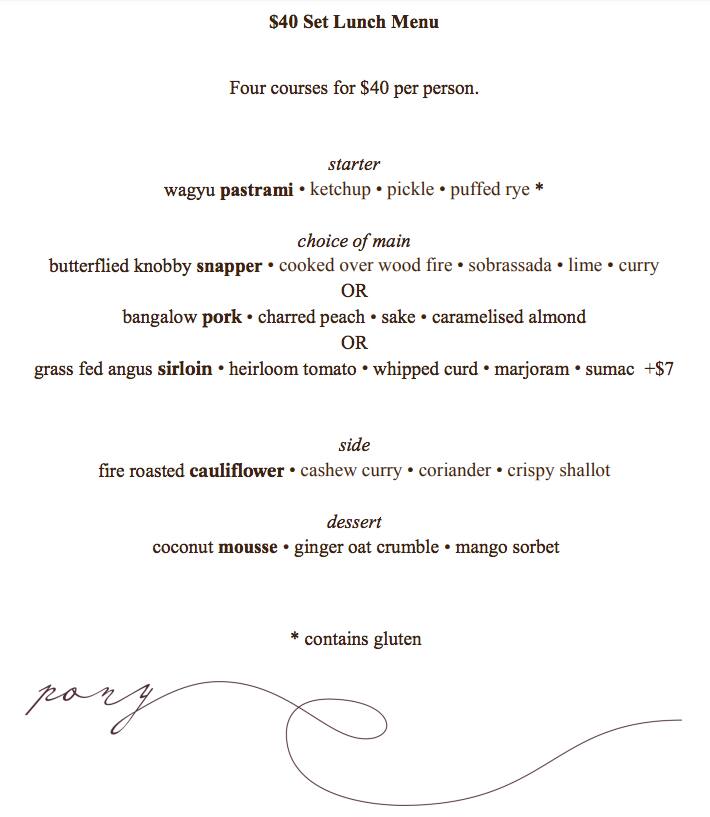 Menu at Pony restaurant, Brisbane City