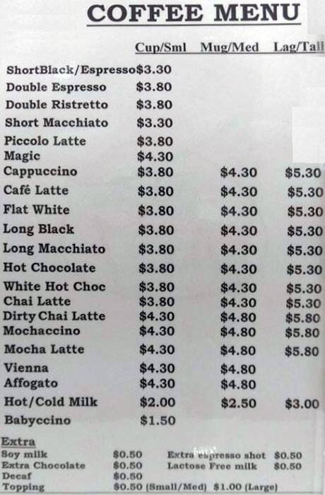 Menu at Cafe Verdi, Wheelers Hill