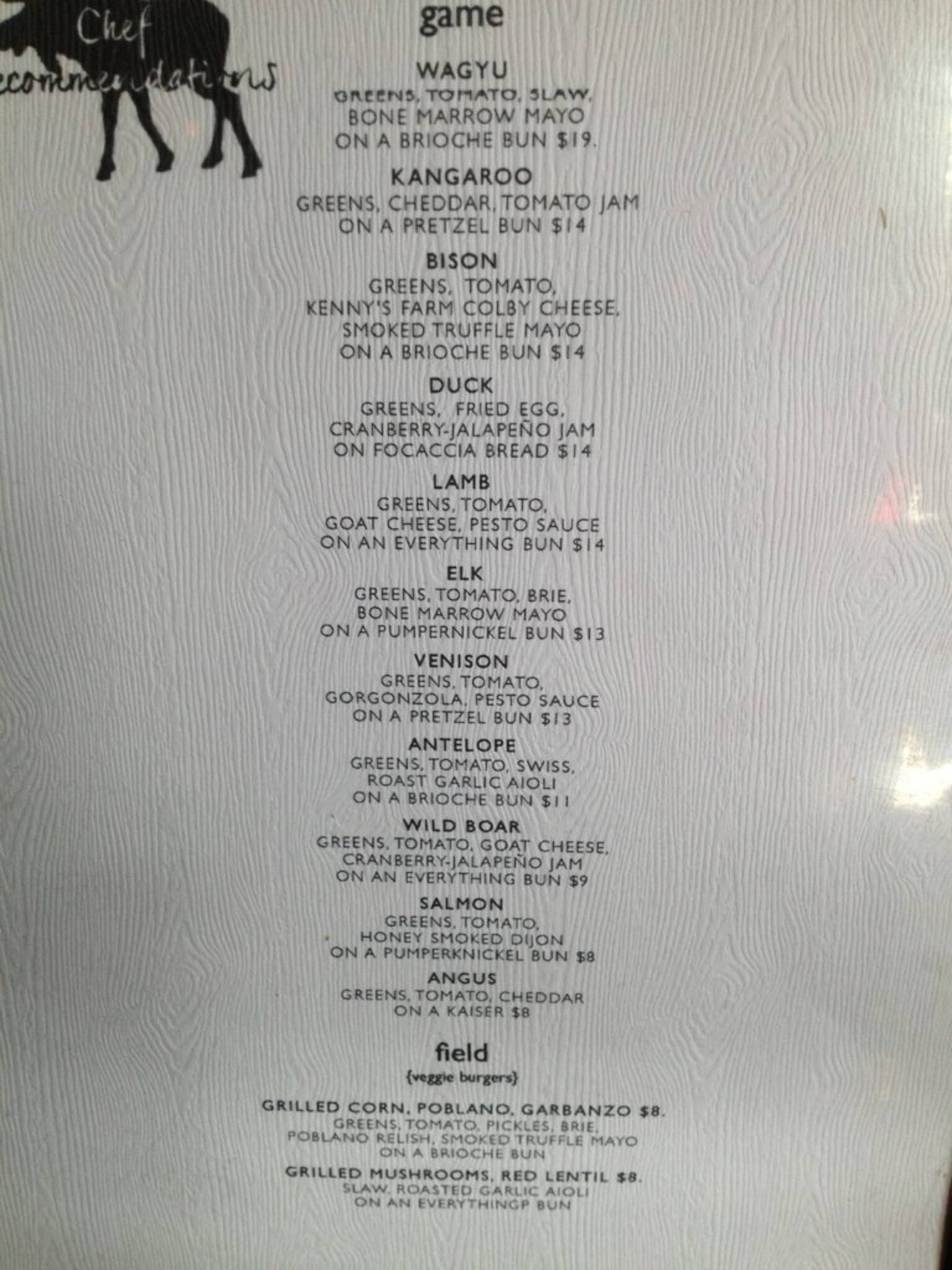 Menu at Game Restaurant, Louisville, Lexington Rd