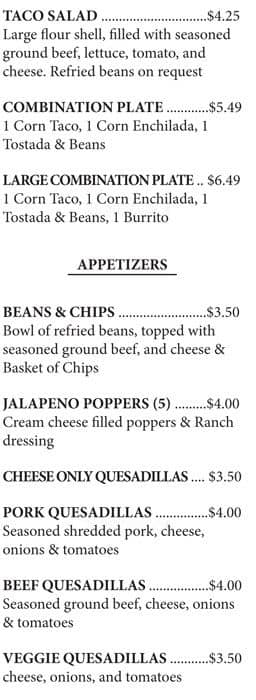 Menu at Taco Hideout restaurant, Galesburg