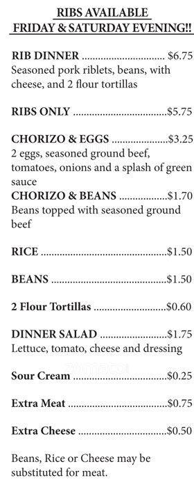 Menu at Taco Hideout restaurant, Galesburg