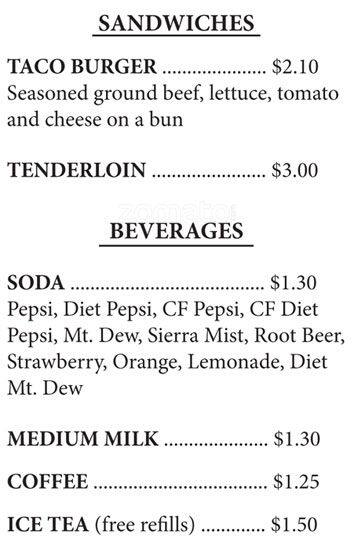 Menu at Taco Hideout restaurant, Galesburg