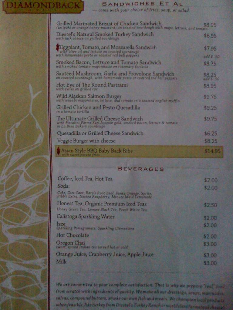 Menu at Diamondback Grill pub & bar, Sonora, 93 S Washington St