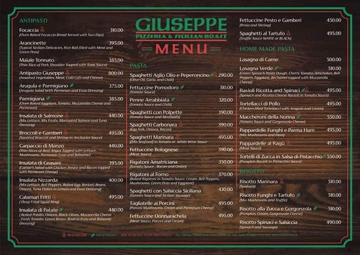 Menu at Giuseppe pizzeria, Cebu City