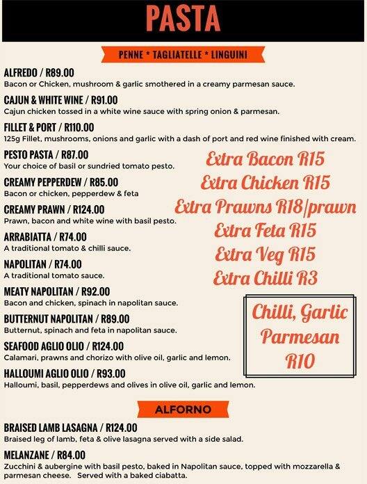 Menu at Saints fast food, Grahamstown