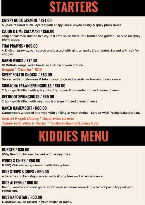 Menu at Saints fast food, Grahamstown