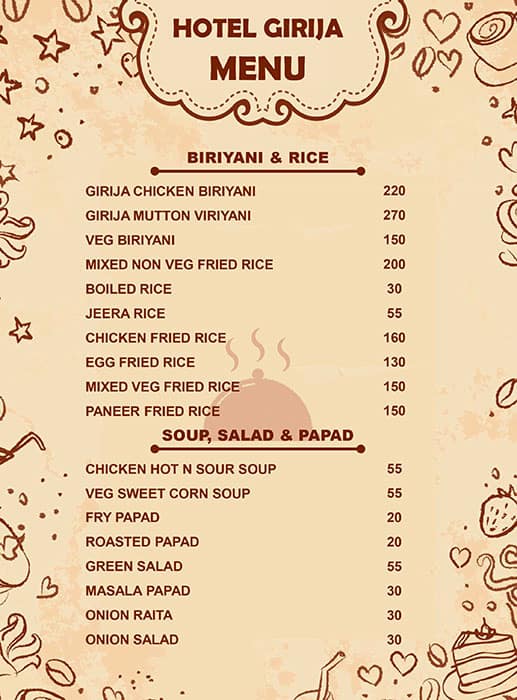 Menu of Hotel Girija, Siba Bazaar, Cuttack