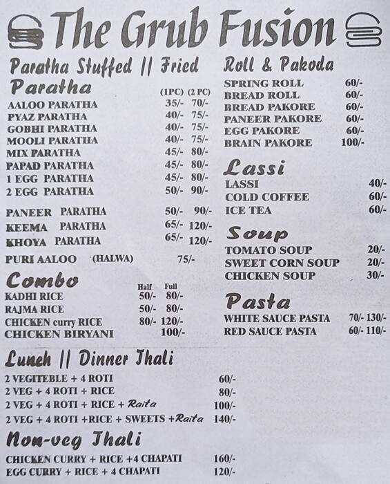 Menu of The Grub Fusion, Satyaniketan, New Delhi