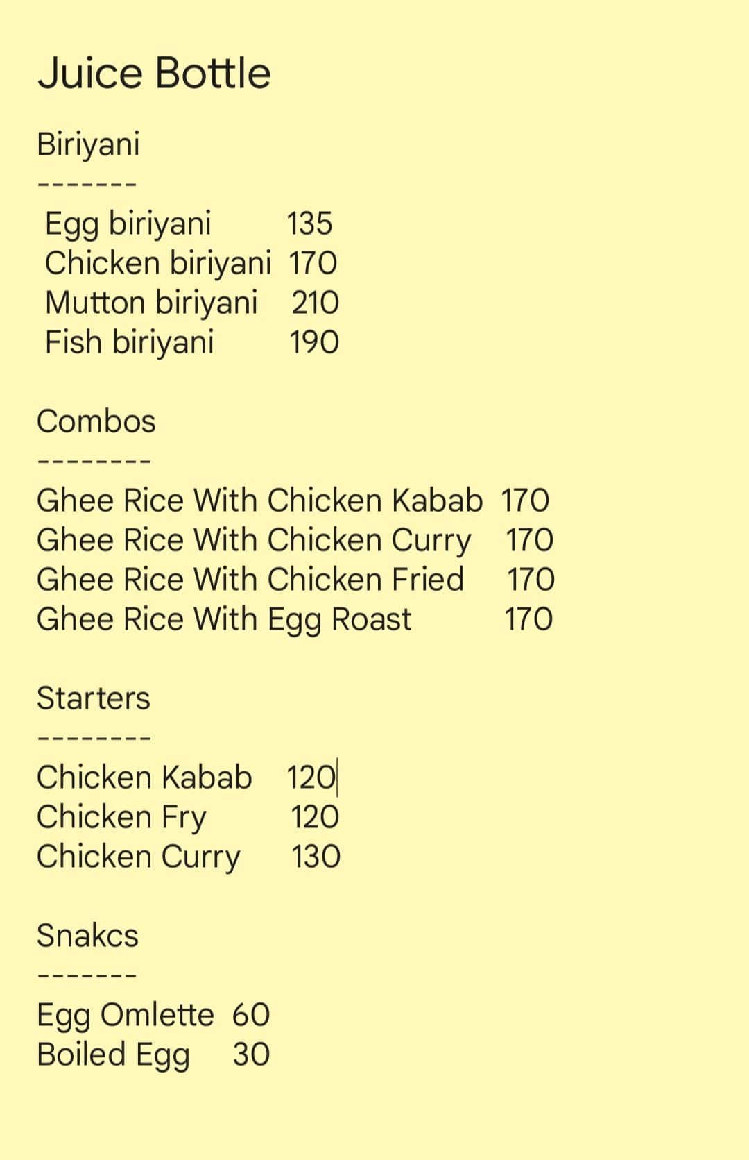 Menu of Juice Bottle, BTM, Bangalore