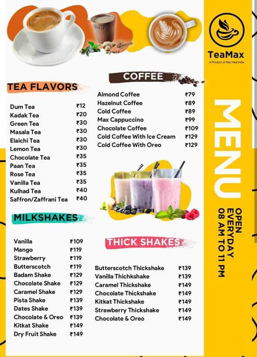 Menu of Tea Max Cafe, Dehu Road, Pune