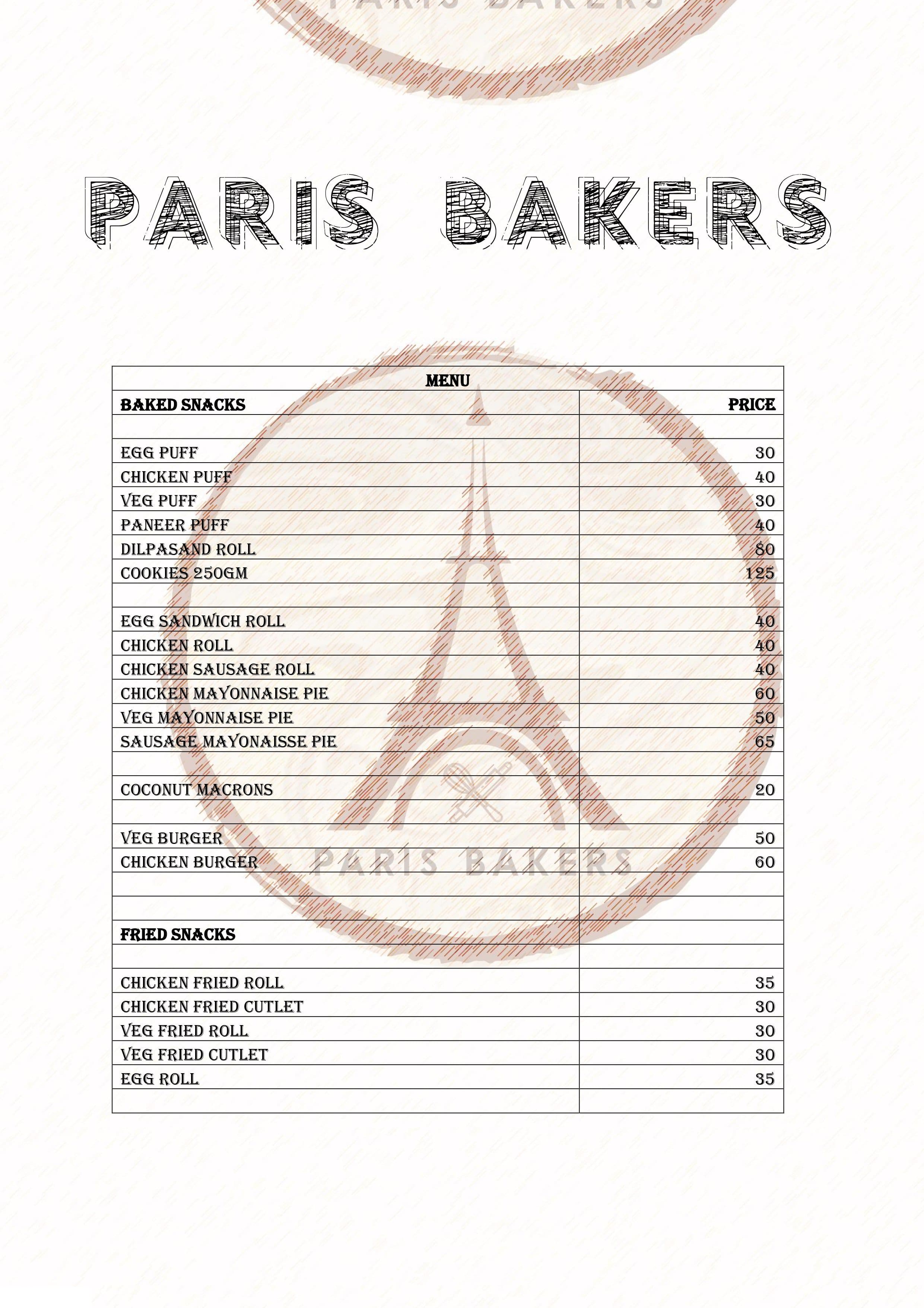 Menu of Paris Bakers, Hennur, Bangalore
