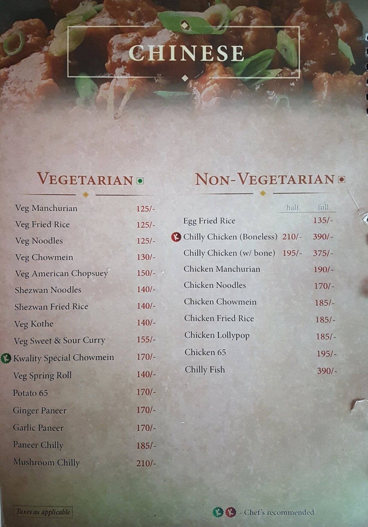 Menu at Kwality Restaurant, Bhopal