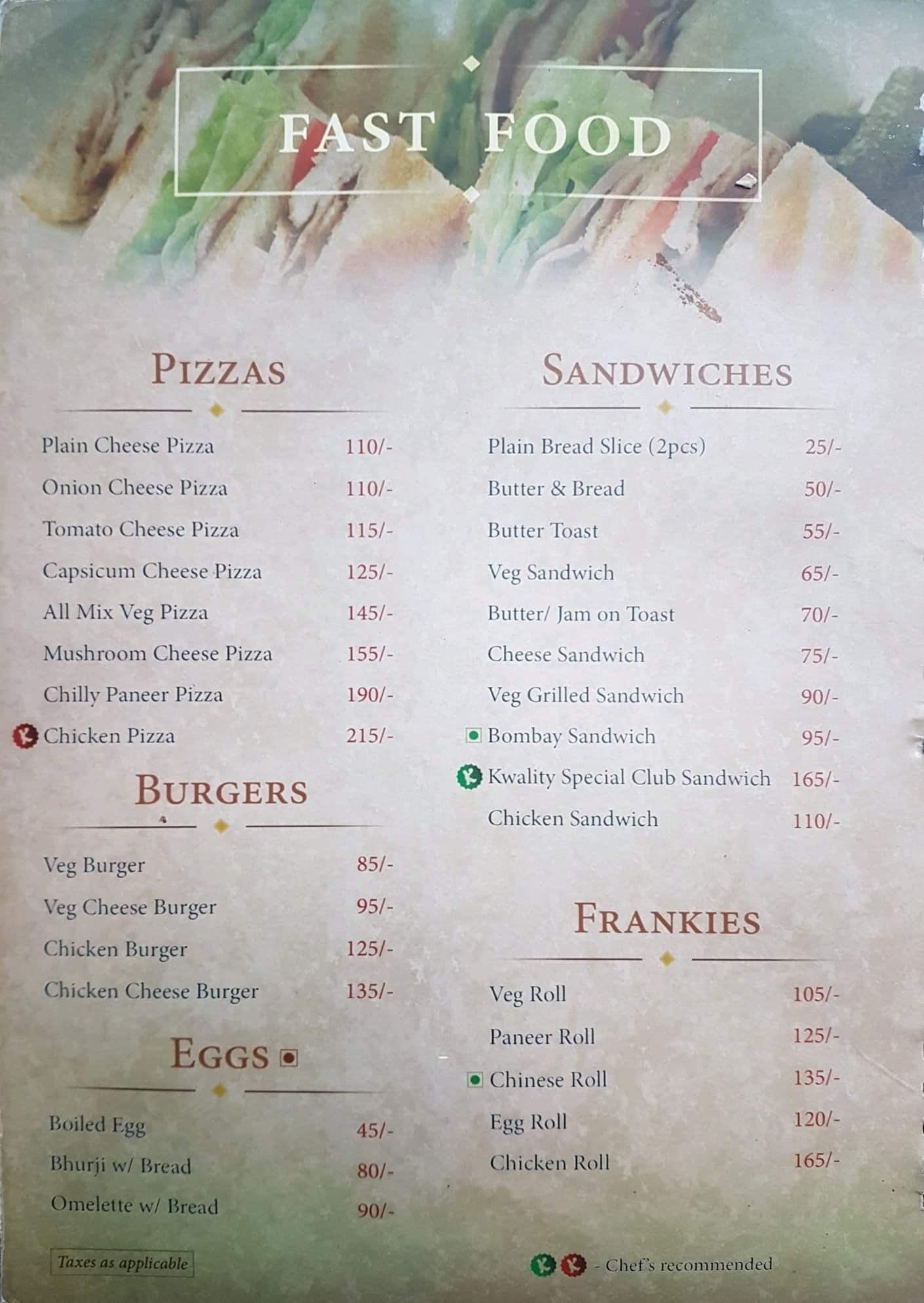 Menu at Kwality Restaurant, Bhopal
