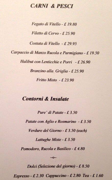 Menu at Assaggi Restaurant, London