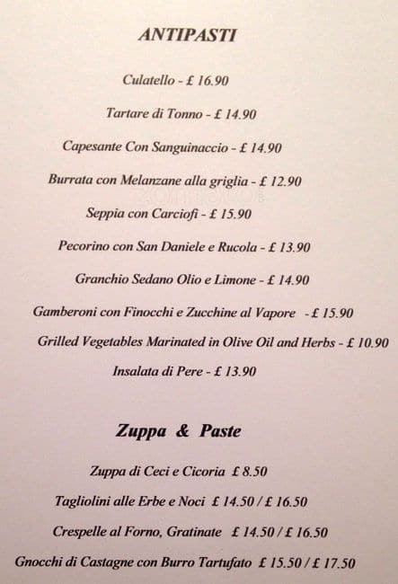 Menu at Assaggi Restaurant, London