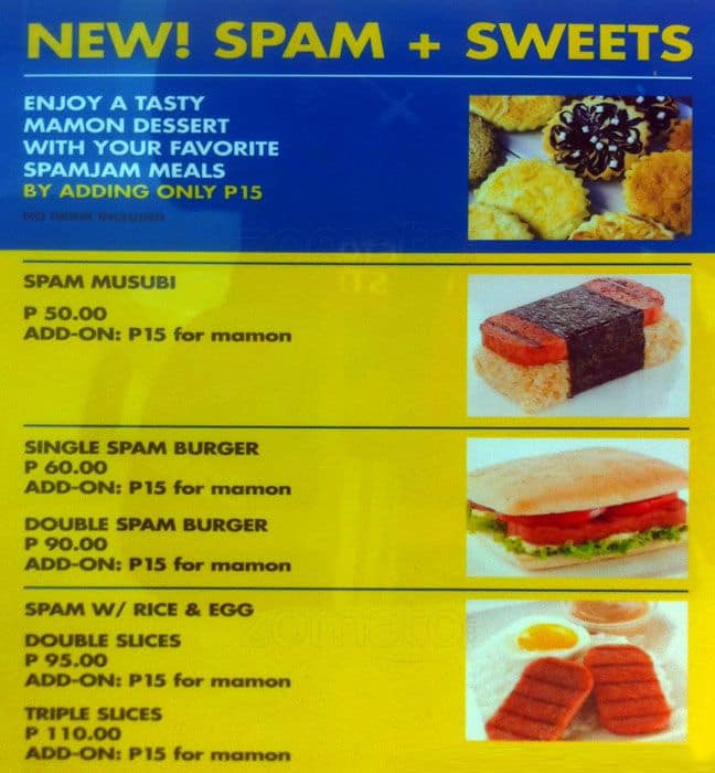 Menu at Spam Jam restaurant, Manila