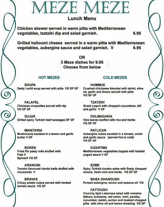 Menu at Meze Meze restaurant, Edinburgh