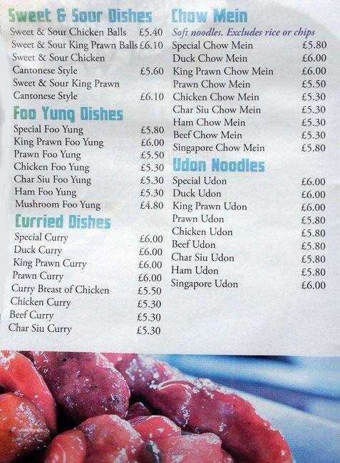 Menu at Yan Yan Chinese Take Away cafe, Glasgow