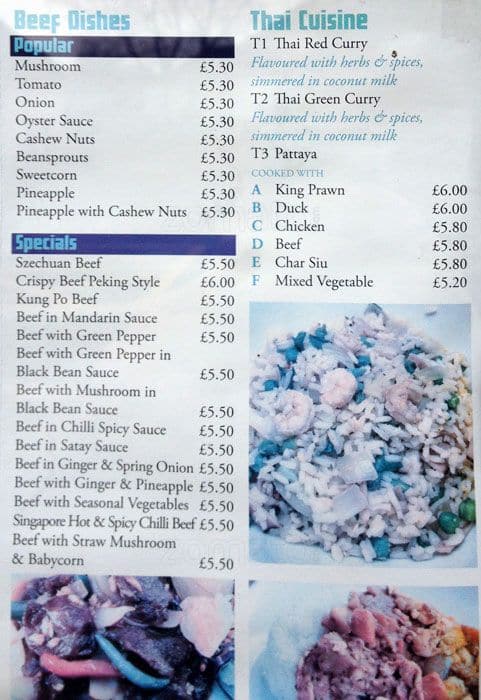 Menu at Yan Yan Chinese Take Away cafe, Glasgow